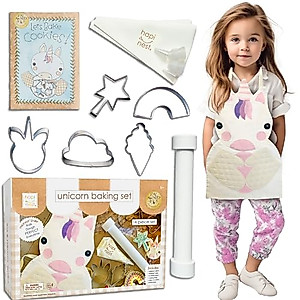Hapinest Unicorn Cookies Baking Set for Kids Girls Real Baking Kit Gifts Ages 4 5 6 7 8 Years Old - Unicorn Apron, Unicorn Theme Cookie Cutters, Piping Bags and Tips, Cookie Dough Roller