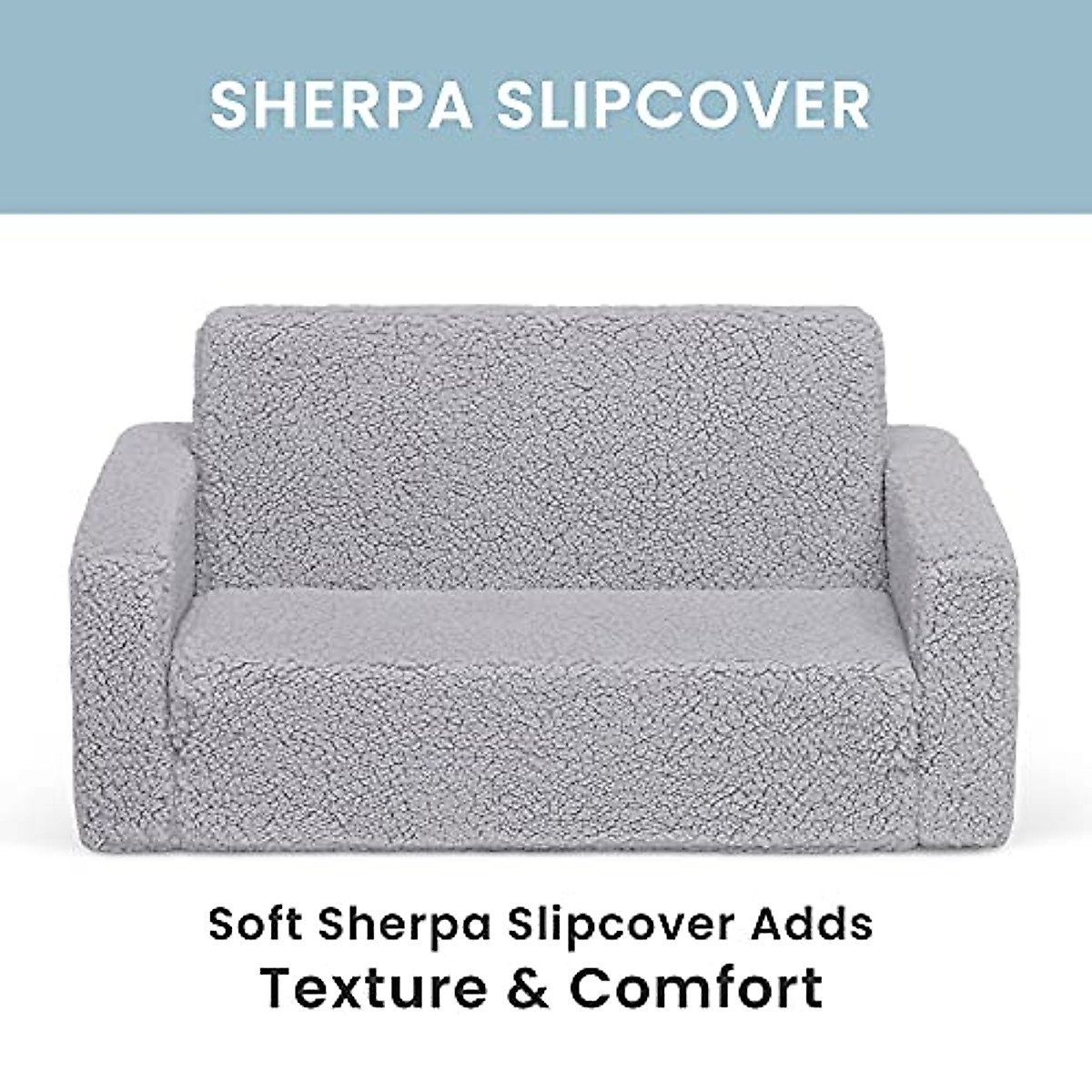 Delta Children Cozee Flip-Out Sherpa 2-in-1 Convertible Sofa to Lounger for Kids, Grey