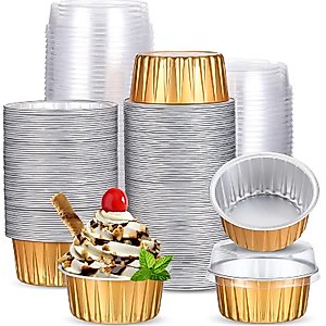 150 Pcs Aluminum Foil Baking Cup Disposable Ramekins with Lids 5oz Mini Cupcake Liners Flan Mold Mini Cake Pans with Lids Disposable Cake Tins for Pudding Desert Creme Brulee (Gold, Silver)