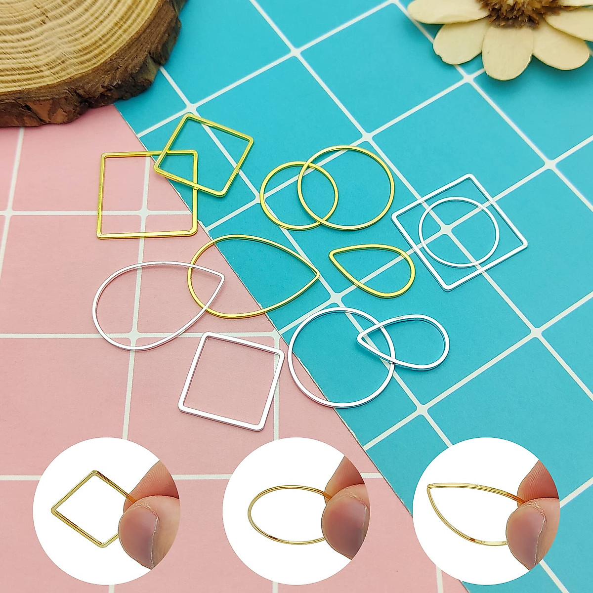 120Pcs Earring Hoop Jewelry Making 3 Shapes Earring Finding Hoop Hypoallergenic Teardrop Square Round Circle Hoop Earring Bulk Open Bezel Pendant Frame for DIY Earring Making Supplies(Gold Silver)