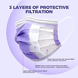 ZUBREX 50 Pcs Disposable 3 Ply Safety Face Mask for Protection with Nanofiber Filter Lining - and Elastic Earloops (Purple)