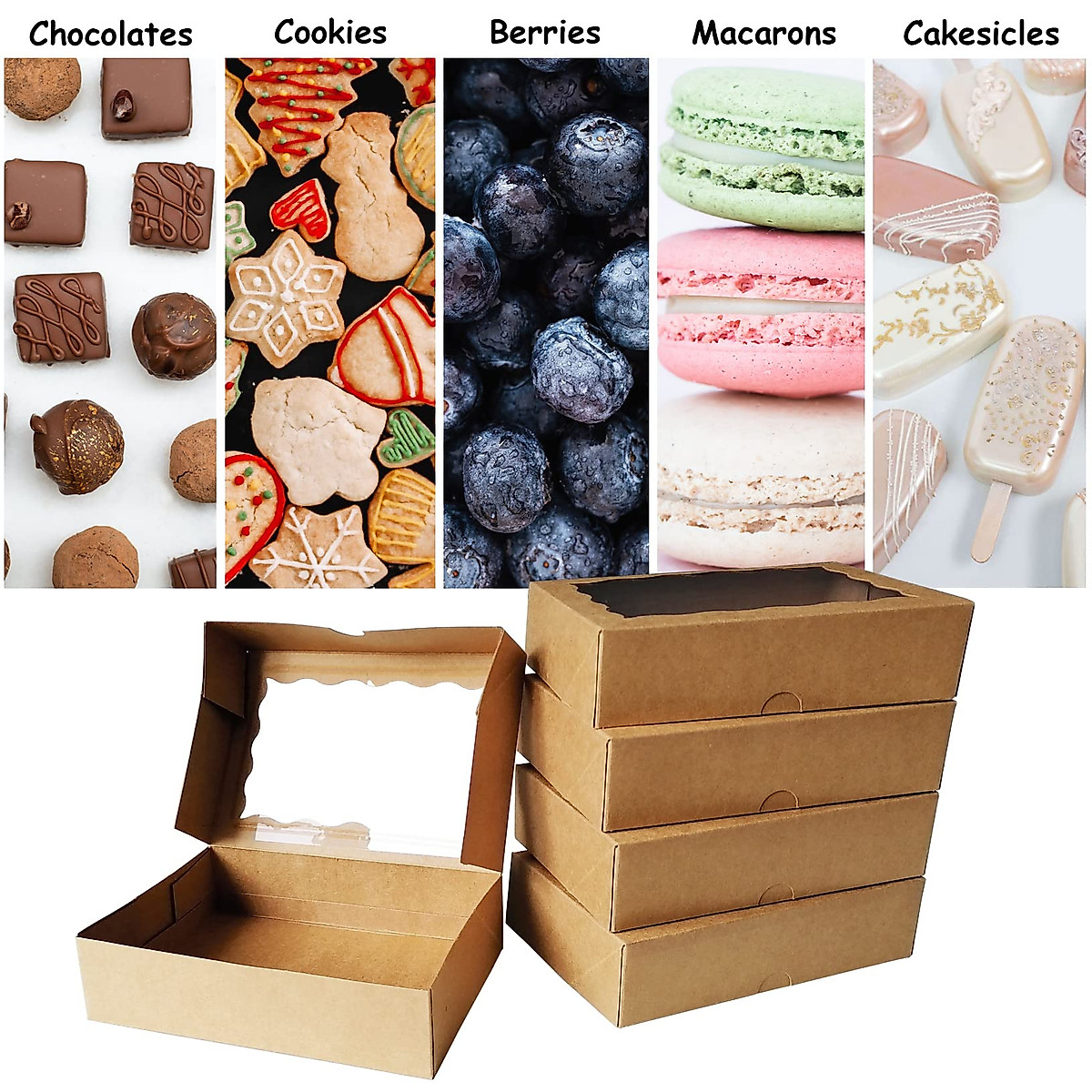 Cookie Boxes With Window Giving Gift,6PK Kraft Bakery Boxes For Macaron,Candy,Cakesicle,Chocolate,Truffle Packaging,Small Treat Cookie Containers For Christmas,Birthday,Wedding,Party 7x4.8x1.8"