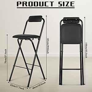 Thyle 1 Pcs Folding Bar Stool with Backrest, Tall Foldable Stool Chair Portable High Folding Bar Chair Counter Height Seat Leather Padded for Kitchen Island Shop Cafe Dining Room Black (27.5 Inch)