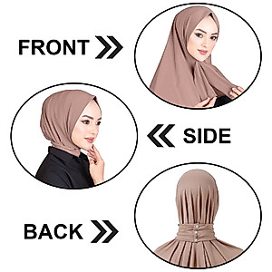 PHOGARY 2 PCS Snap Hijab for Women, Islamic Muslim Ready To Go Instant Hijab for Women Hijab Undercap with Tie Back Buttons Solid Color Modal Head Wraps Hair Wraps Turbans for Women, Khaki+Beige