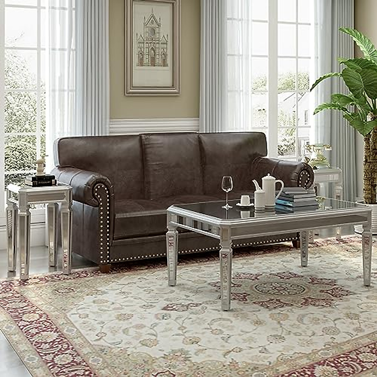 3-Piece Coffee table and End Tables Set,Glass Mirrored Coffee Table with Adjustable Height Legs and Crystal Design,Fashionable Cocktail Table,Easy Assembly Rectangular Glass Coffee Table,Silver