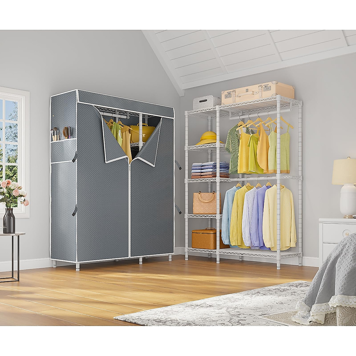 VIPEK V7C Basic Garment Rack with Cover Portable Closets for Hanging Clothes, Heavy Duty Clothes Rack with Shelves Metal Closet Wardrobe, Max 670lbs, White Rack with Grey Upgraded Polyester Cover