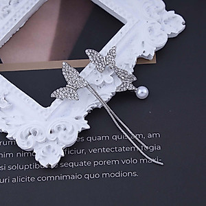 Sttiafay Vintage Crystal Butterfly Drop Earrings Rhinestone Pearl Dangle Earrings Long Butterfly Chain Earrings Silver Pearl Butterfly Earrings Jewelry for Women and Girls