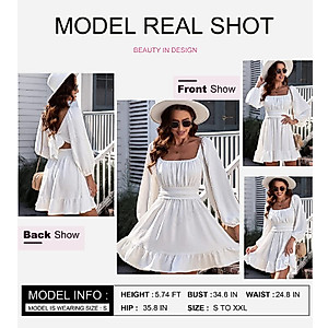 Dokotoo Square Neck Summer Dress for Women 2025 Tie Back Elastic Waist Lantern Long Sleeve Dress Ruffle A-Line White Dress Casual Sexy Mini Dress Beach Vacation Clothes Small White