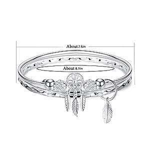Luckilemon Silver Dream Catcher Tassel Feather Charm Bracelet Bangle Adjustable Mother's Day Jewelry Gift Birthday Christmas Gifts for Women Mom Wife Girls