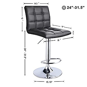 Leopard Modern Square PU Leather Adjustable Bar Stools with Back, Set of 2, Counter Height Swivel Stool, Barstools for Kitchen Counter (Black)