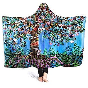 321DESIGN Blue Tree of Life Wearable Blanket Fleece Hooded Robe Cloak Throw Quilt Poncho Microfiber Sherpa Plush Warm Wrap Multiple-Size Adult(80"x60"in)