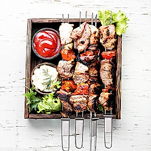 Skewers for Grilling- 17" Long Double Pronged BBQ Skewers with Push Bar- Shish Kabob Skewers - Stainless Steel Skewer Sticks for Camping or family - Reusable Skewers - 6 Pack