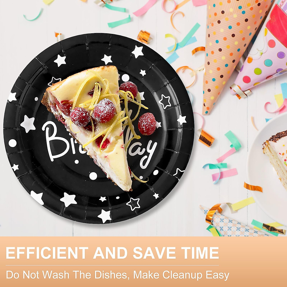 CENLBJ Happy Birthday Party Paper Plates,Black Birthday Dessert Plates,7inch-50pcs,Foil Polka Dots Paper Plates for Birthday Party Decorations