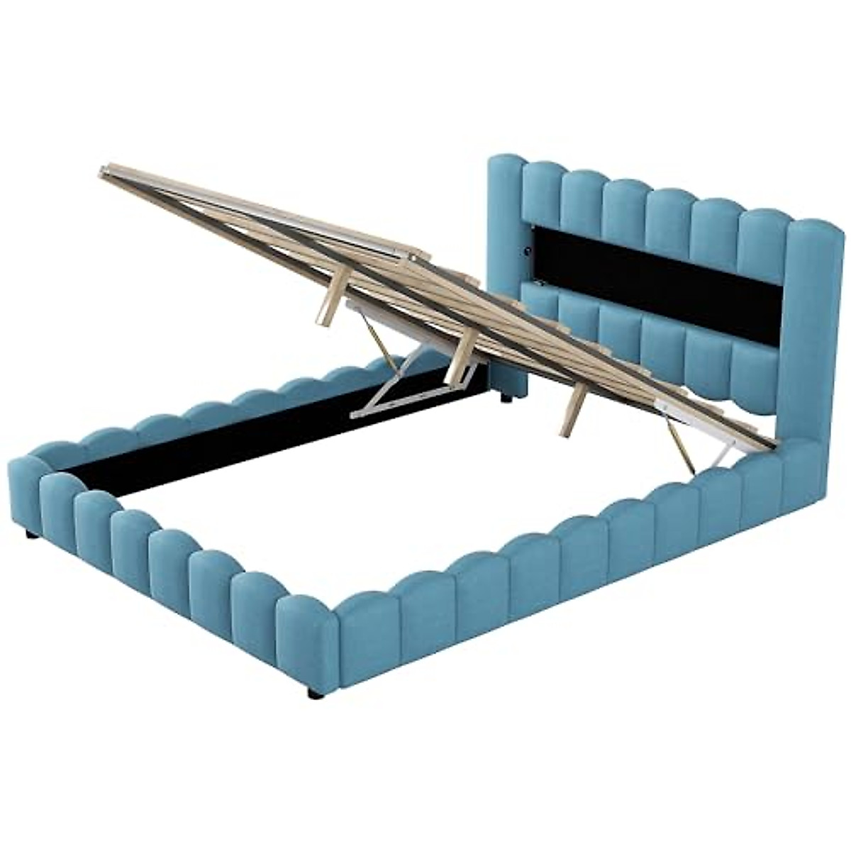 HAUSHECK Upholstered Bed Frame Queen Size with Large Underneath Storage, LED Headboard and USB Ports, Queen Floor Bed Frame w/Wooden Slats Support, Modern Platform Bed No Box Spring Needed