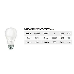 Bulbrite Pack of 12 Item 774235 A19 LED Bulb, 9W, 60W Equiv., Dimmable, 3000K, E26 Base, 120V Soft White Light, A-Type Bulb