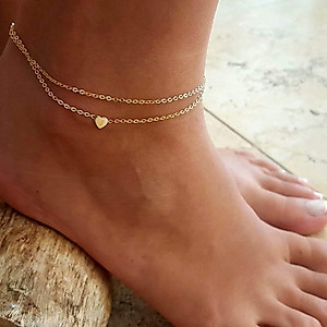 Turandoss Heart Initial Anklet Bracelet for Women, 14K Gold Filled Layered Ankle Bracelet Summer Boho Beach Minimalist Initial Anklet for Women Anklet With Initials A