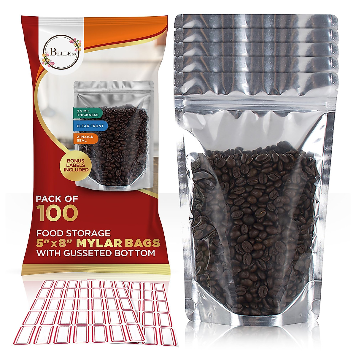 Belle KR - Pack of 300-100 Each of Small, Medium and Large Mylar Bags - Stand Up Clear Front Pouches