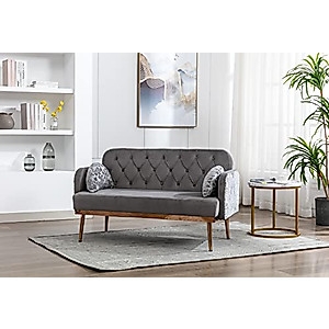 NALLBEIRRAA 56" Accent Sofa, Mid Century Modern Velvet Fabric Couch with 2 Pillow, Velvet Sofa, Loveseat Sofa, Recliner Couch with Gold Metal Feet for Living Room, Bedroom (Grey)