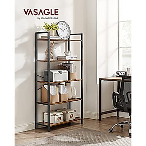 VASAGLE ALINRU Bookshelf, Bookcase, 5-Tier Storage Rack with Steel Frame, for Living Room, Office, Study, Hallway, Industrial Style, Rustic Brown and Black ULLS061B01