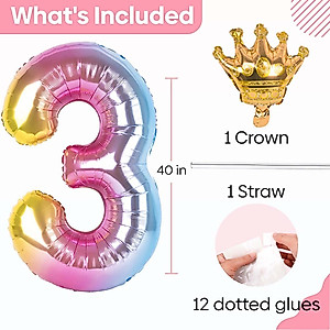 Captain Decor 3 Number Balloon 40 Inch Rainbow Gradient with Detachable Crown – Easy Inflate and deflate reusable, Premium Foil Mylar Balloons for Birthdays, Anniversaries, and Party Decorations