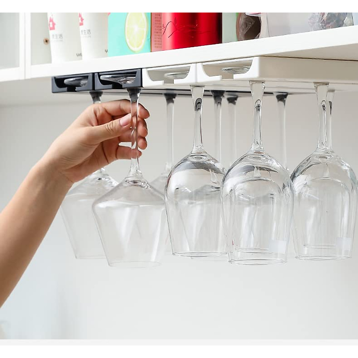 JAMEND CLXP - 2 PCS Plastic Wine Glass Rack, Under Cabinet Punch-free Wine Glass Holder, Glasses Storage Hanger Bar Kitchen Wine Glasses Organizer. (Black)