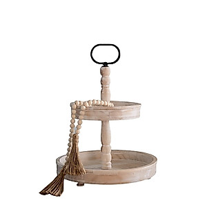 BonzaiKit Two Tier Wood Tray with Wooden Beads - Farmhouse Rustic 2 Tiered Serving Stand for Kitchen & Home Decor - Cupcake Stand with Metal Holder