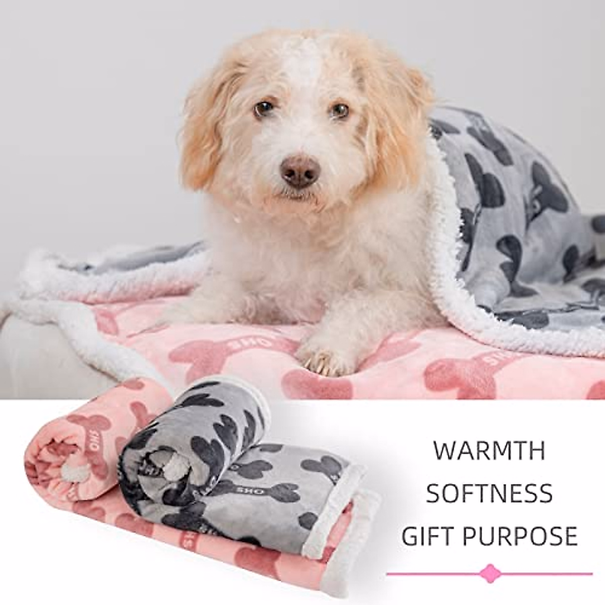 WIN WM MORE Dog Blankets 2 Pack Flannel Fleece Sherpa Puppy Throw Blankets Bulk 30x43 Inch Warm Sleeping Ultra Soft Bone Printed Plush Fluffy Paw Mat for Pet Couch Bed, Grey and Pink