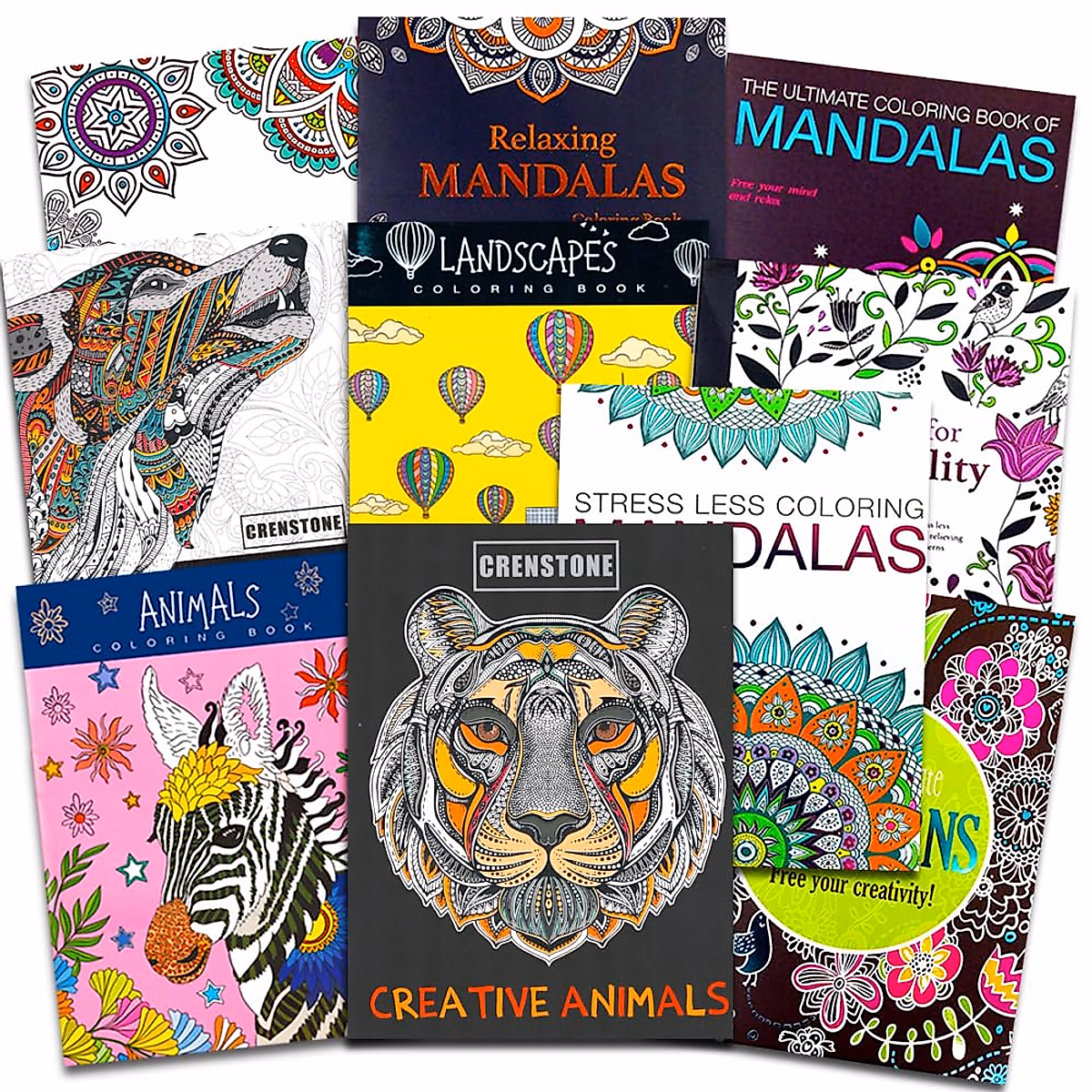 Adult Coloring Books Super Set -- 10 Deluxe Coloring Books for Adults and Teens