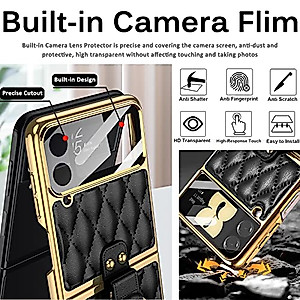 Miimall for Samsung Galaxy Z Flip 4 Leather Case with Ring Holder Stand, Luxury Rhomboid Leather Back Cover Electroplating Frame with Camera Lens Protector Case for Galaxy Z Flip 4 2022(Black)