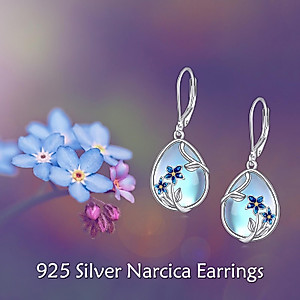 YFN Moonstone Earrings with Forget-Me-Not Sterling Silver Flower Teardrop Drop Dangle Leverback Earrings Gift for Women