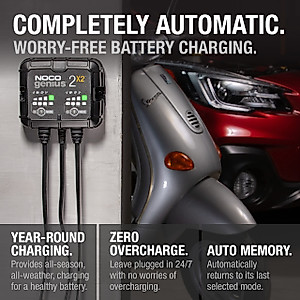 NOCO GENIUS2X2, 2-Bank, 4A (2A/Bank) Smart Car Battery Charger, 6V/12V Automotive Charger, Battery Maintainer, Trickle Charger, Float Charger and Desulfator for Motorcycle, ATV and Lithium Batteries