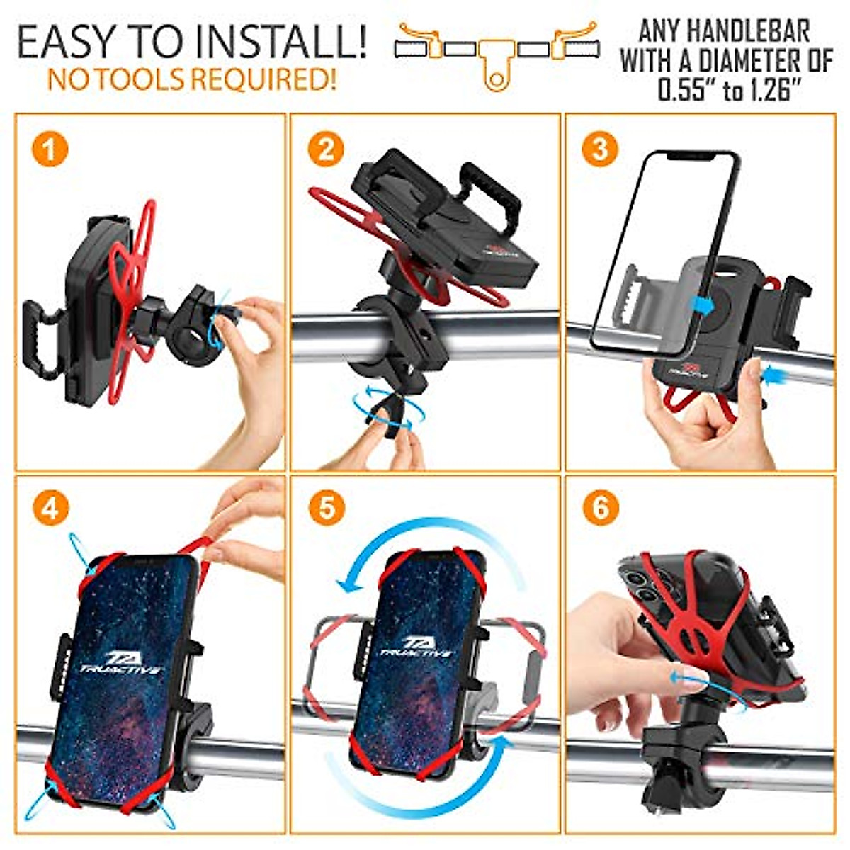 TruActive [𝗣𝗿𝗲𝗺𝗶𝘂𝗺] Bike Phone Mount Holder, Motorcycle Phone Mount, 6 Color Bands Included, Cell Phone Holder for Bike – Universal Any Phone or Handlebar, Bike Phone Holder, ATV, Tool Free