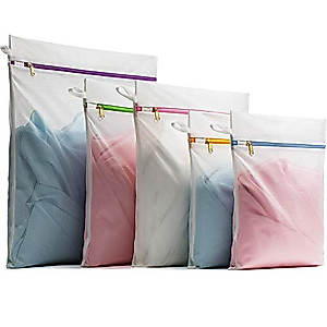 TENRAI Mesh Laundry Bag,Set of 5 Lingerie Wash Bag for Delicates, Upgraded Loop Hook Zipper Protector and Colored Label,Use YKK Zipper,Pants,Shirt,Bra and Underwear(White, 3 Sizes, QS)