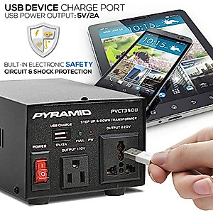 Pyramid Step Up and Down Converter -350 Watt Voltage Converter Transformer w/ USB Charging Port, UK Power Adapter, AC 110 / 120 to 220 / 240 Volt Vice Versa, 110V/120V/220V/240V Input Voltage PVCT350U