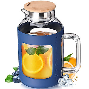 WINSA Glass Pitcher with Lid and Spout, 64oz Water Pitcher with Wide Handle, Silicone Sleeve & Bamboo Lid, Tea Pitcher for Fridge Water, Milk, Juice(Navy)