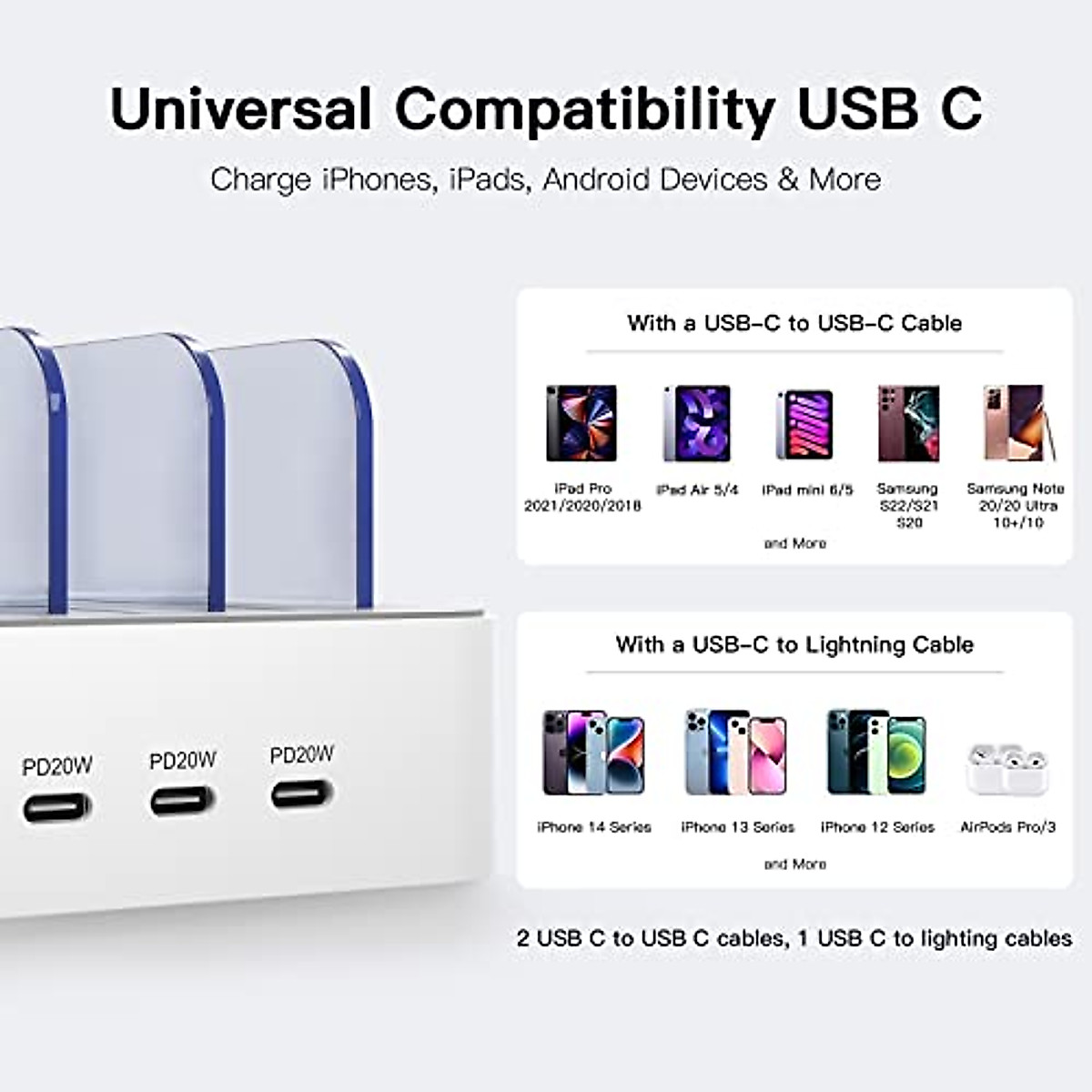 MSTJRY Fast Charging Station - USB C and USB A, 90W 5-Port PD Charger Station for Multiple Devices Apple Designed for iPad, iPhone 14 13 12 Series Galaxy Note 20 S21 S22 Tablet, Holder for Apple Watch