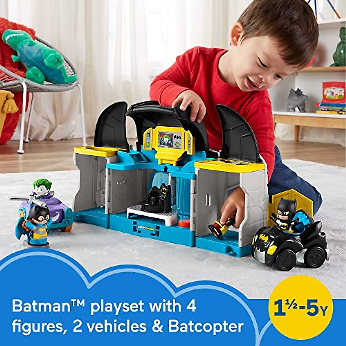 Little People DC Super Friends Batman Toy Deluxe Batcave Playset With Lights Sounds & 4 Figures For Toddlers Ages 18+ Months