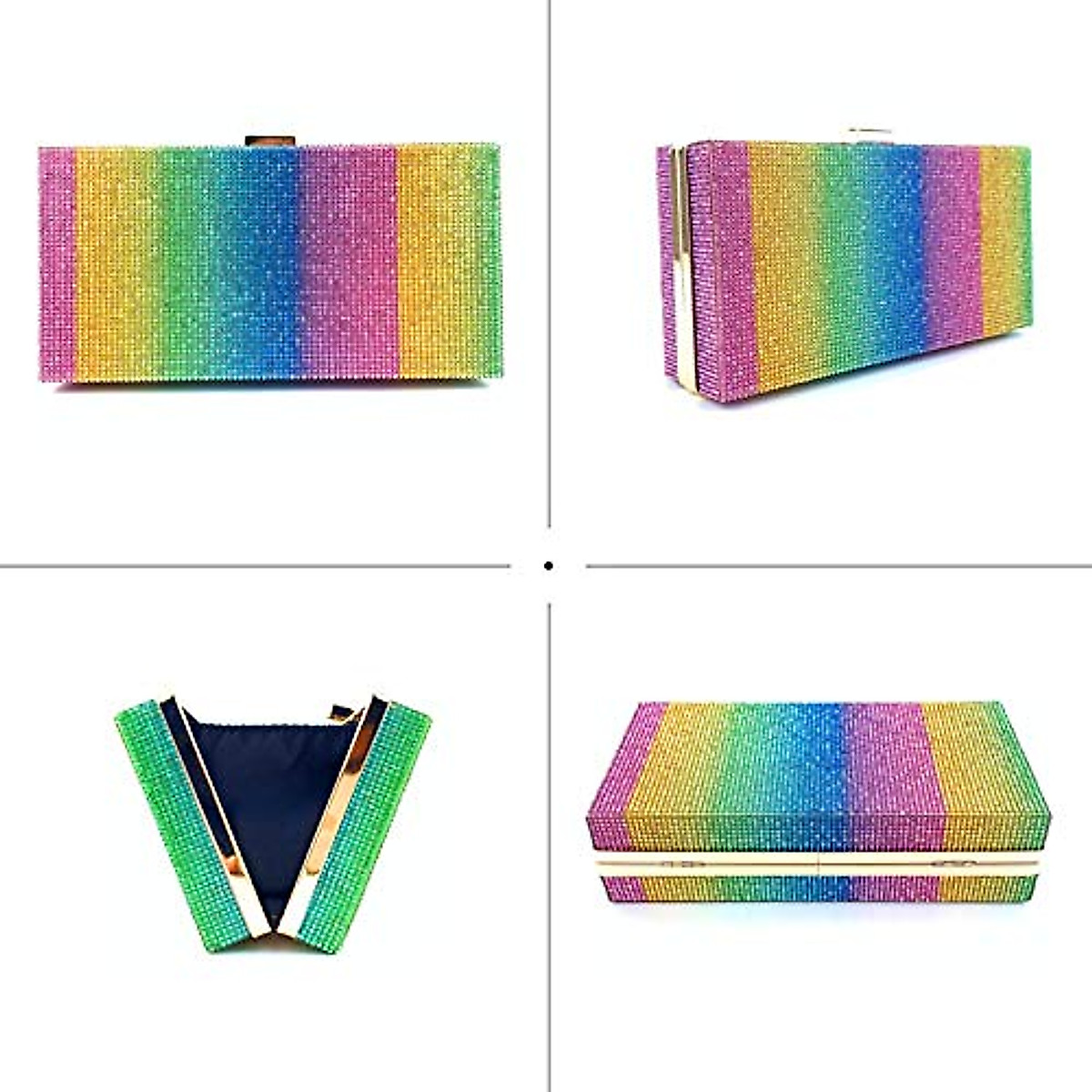 Van Caro Women Rainbow Evening Clutch Bag,Rhinestone Colorful Square Box Shoulder Handbag for Wedding Party Tote Purse,Big Rainbow