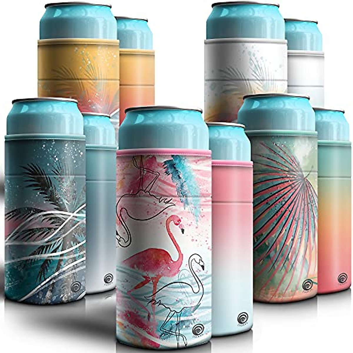 UP SWAVE Slim Can Cooler Sleeves - Premium Reversible Beer Can Sleeves - Slim Can Insulator 5 pack - Adjustable Design Fits Most Bottles & Skinny Cans from 8 to 12oz - 10 Reversible Designs