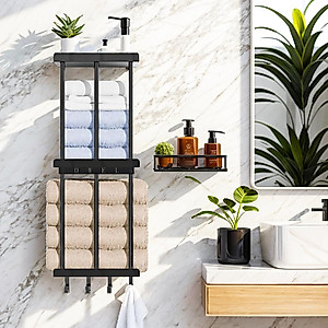 Bathroom Towel Storage Rack 3 Tier Towel Racks for Bathroom Wall Mounted 32 inch with Shelf and 4 Hooks of Rolled Bath Towels
