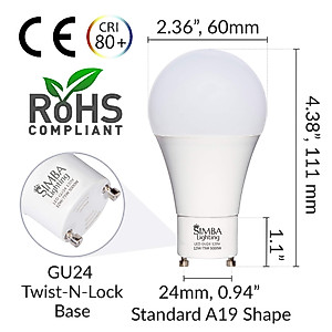 Simba Lighting LED GU24 A19 Light Bulb 12W 75W to 100W Replacement (4 Pack) 120V 2 Prong Twist and Lock Base for Ceiling Lights, Pendants, Outdoor Lanterns, Floor Lamps, Non-Dimmable, 5000K Daylight