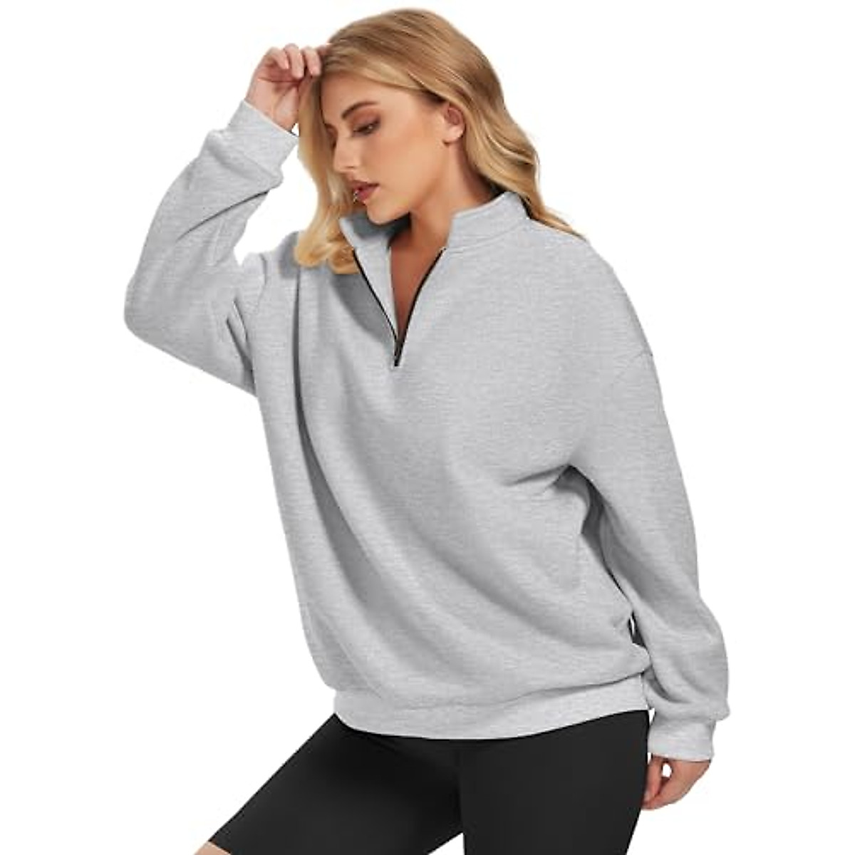 ATHMILE Womens Oversized Half Zip Pullover Long Sleeve Sweatshirt Quarter Zip Hoodie Sweater Teen Girls Fall Y2K Clothes Grey