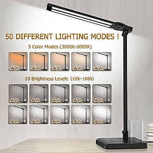 CHARYJOD Dimmable LED Desk Lamp with USB Charging Port, 50 Lighting Modes Dual Swing Arm Architect Table Lamp Light Desk Lamp for Home Office Dorm Piano Nail