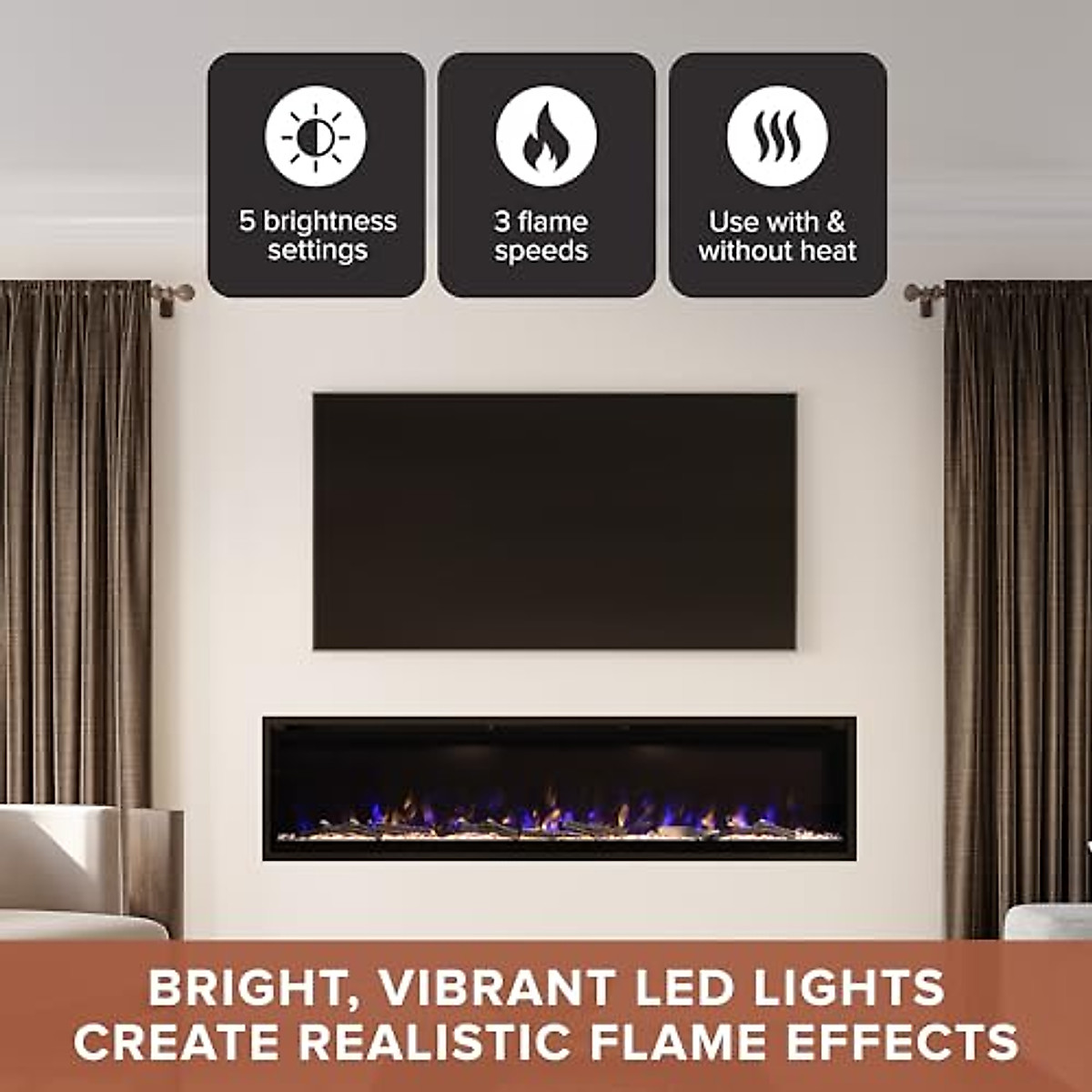 Modern Ember Aerus 60 Inch Smart Linear Electric Fireplace - Recessed in-Wall and Wall-Mount, Multiple Flame Colors, Compatible with Alexa and Google Assistant