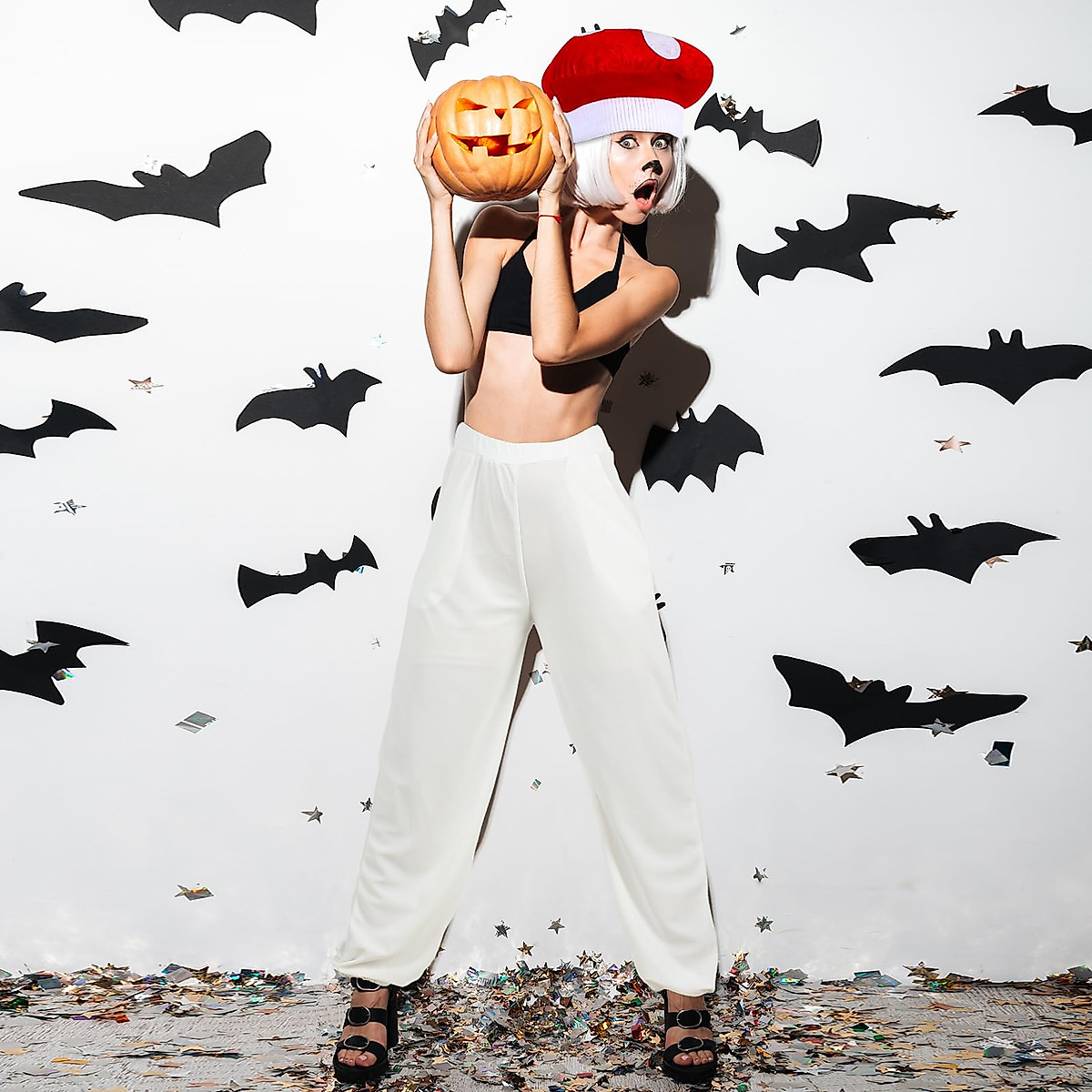 Suhine 2 Pcs Boys Deluxe Costume Accessory Set Red and White Spotted Mushroom Hat White Pants Brothers Mushroom Costume Outfits for Halloween Brother Game Character Dress up Supply