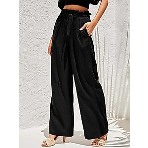 Sucolan Black Wide Leg Pants for Women Lightweight High Waisted Palazzo Work Pants Dressy Casual Adjustable Tie Knot Loose Trousers with Pockets XL