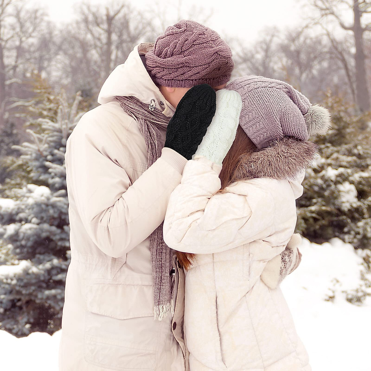 SATINIOR 2 Pairs Winter Gloves Thick Warm Soft Plush Convertible Flip Top Mittens Full Finger Gloves for Women Girls (White, Black, Simple Style)