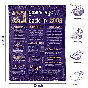 YDHCTKYG 21st Birthday Decorations for Her Best 21st Birthday Gifts 21 Year Old Birthday Gifts for Her Girl Daughter Sister Granddaughter Soft Throw Blanket 21 Years Ago Back in 2002 - Purple Gold