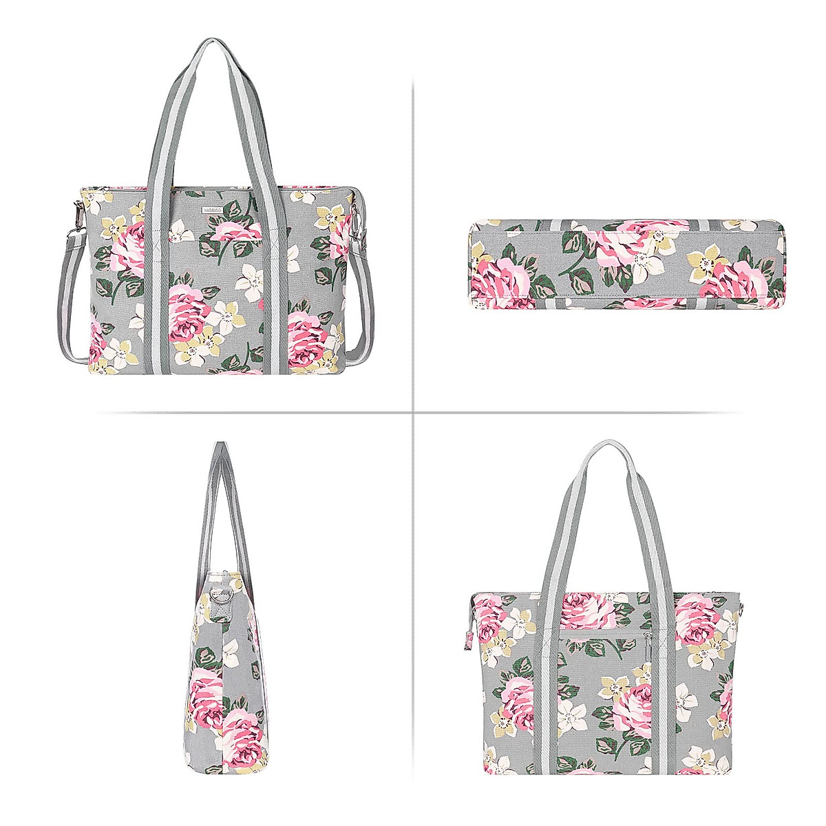 MOSISO Laptop Tote Bag for Women (17-17.3 inch), Canvas Rose Multifunctional Work Travel Shopping Duffel Carrying Shoulder Handbag Compatible with MacBook, Notebook and Chromebook, Grey