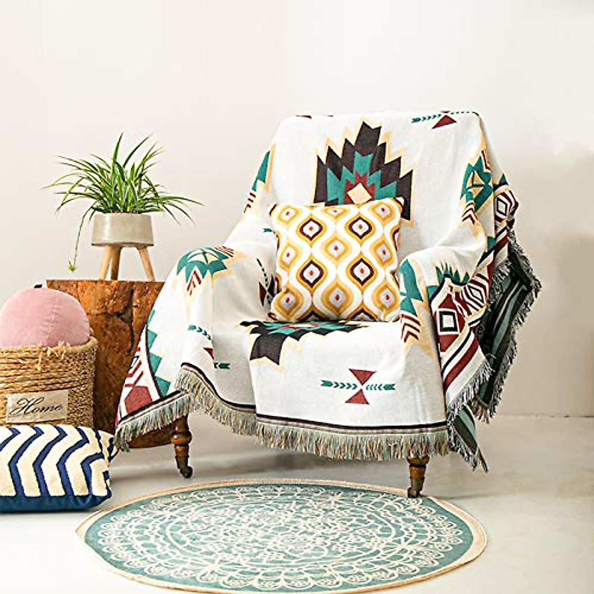 Shigen Art Native American Throw Blanket Weighted Reversible Design with Tassel Fringes for Farmhouse Decor Cotton and Microfiber Blend Perfect for Chair Sofa Living Room Bedroom Gift Wrapping